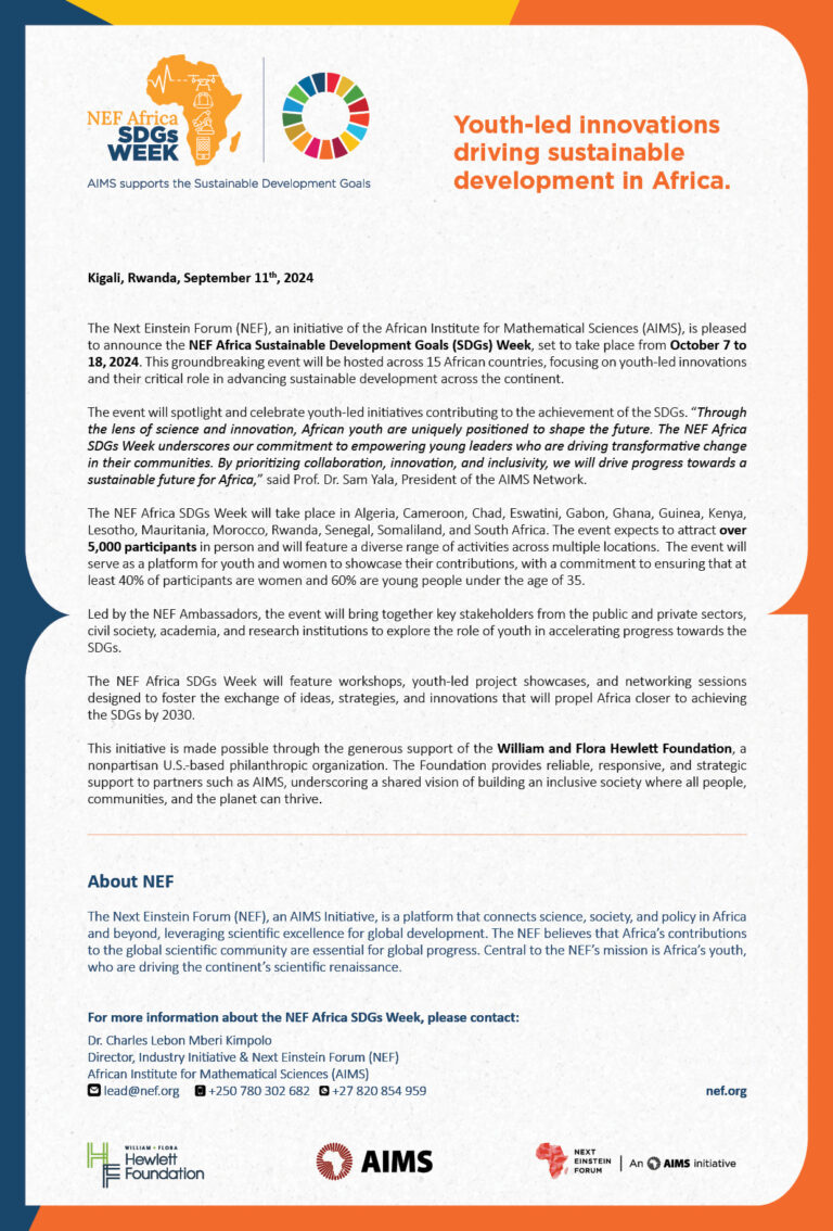 AIMS, Through the Next Einstein Forum announce the NEF Africa Sustainable Development Goals ...